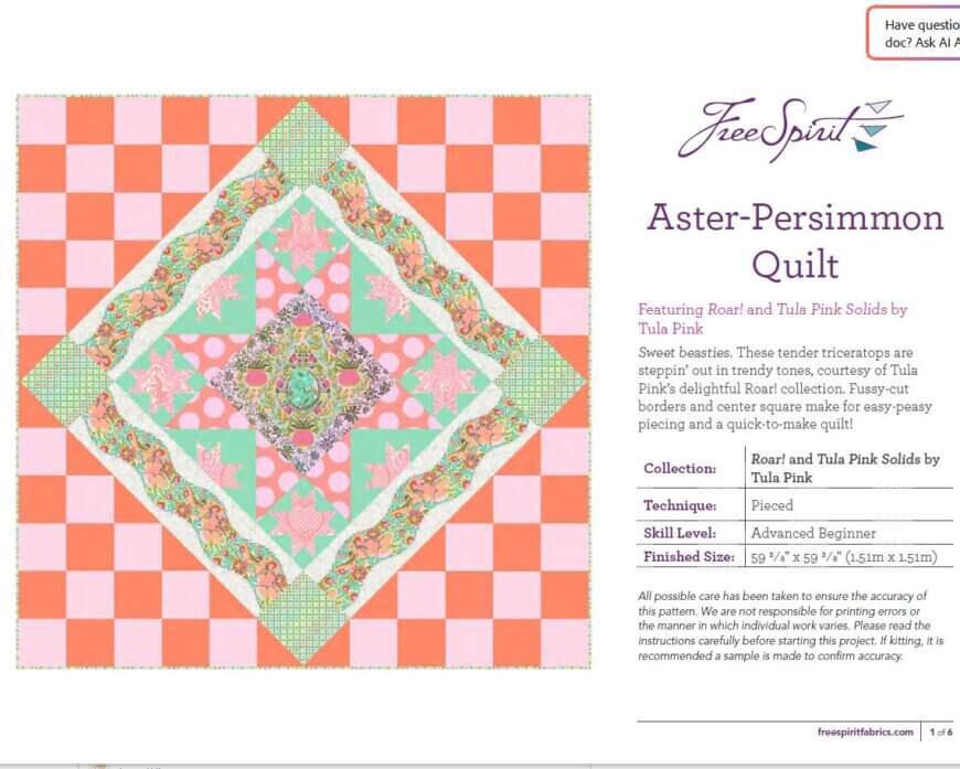 Free Spirit Fabrics Aster Persimmon Quilt Pattern Tula Pink ROAR ...